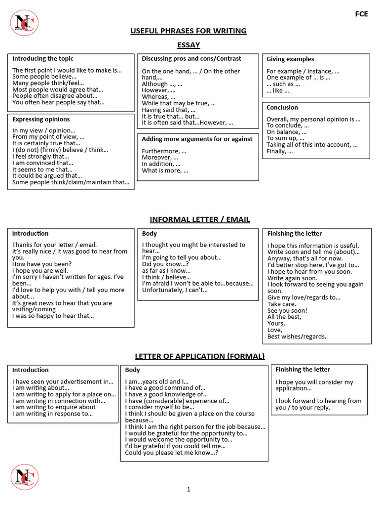 Essential Writing Phrases for FCE Essays | PDF