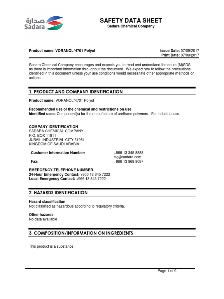 VORANOL4701 Polyol (SDS) (EN) | PDF | Toxicity | Firefighting