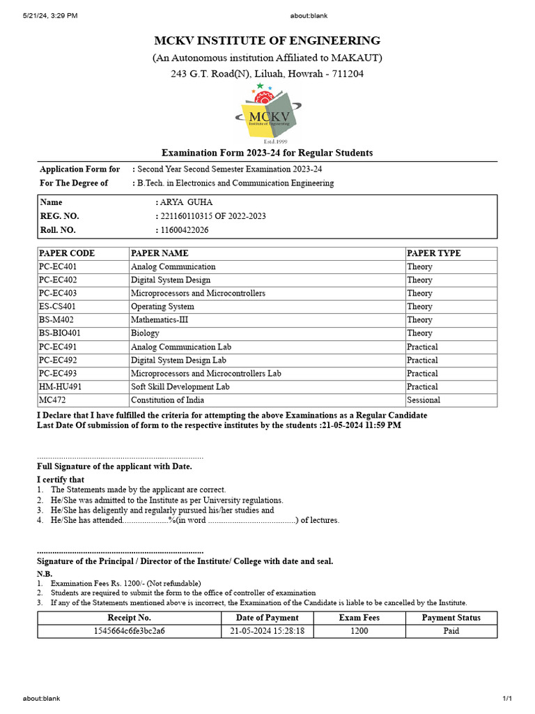 4th Sem exam form | PDF