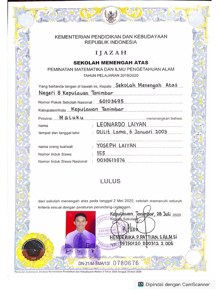 Ijazah Asli SMA - Leonardo Laiyan | PDF