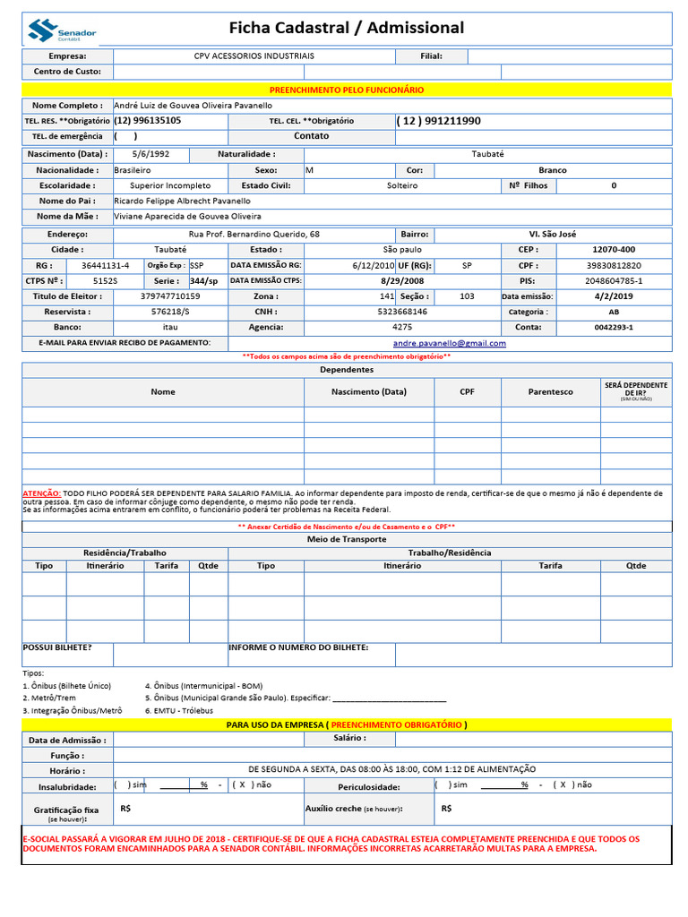 Ficha Cadastral André | PDF | Transporte