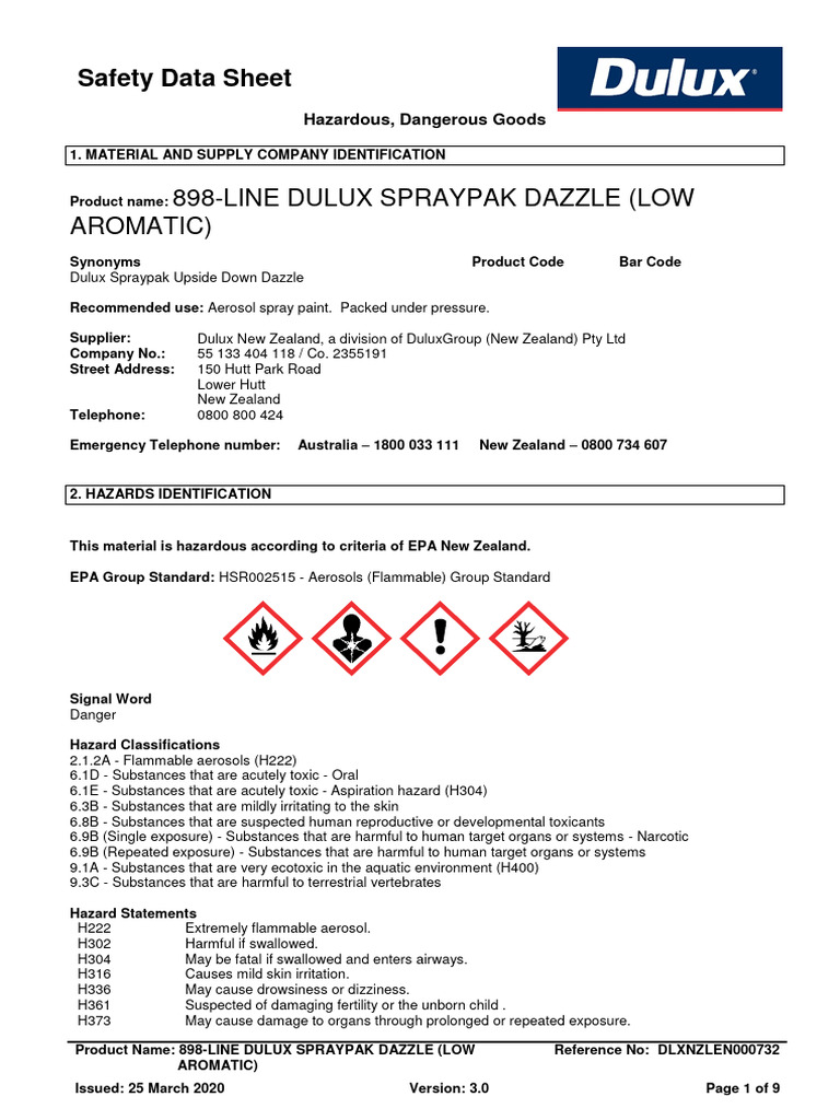 Dulux Spraypak Dazzle Safety Data Sheet | PDF | Toxicity | Personal ...