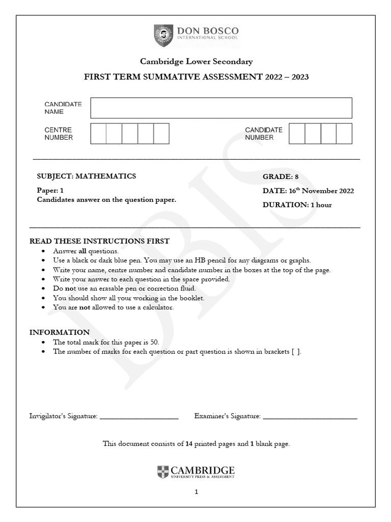 Grade 8 Mathematics Paper 1 QP SA1 2022-23 | PDF | Mathematics