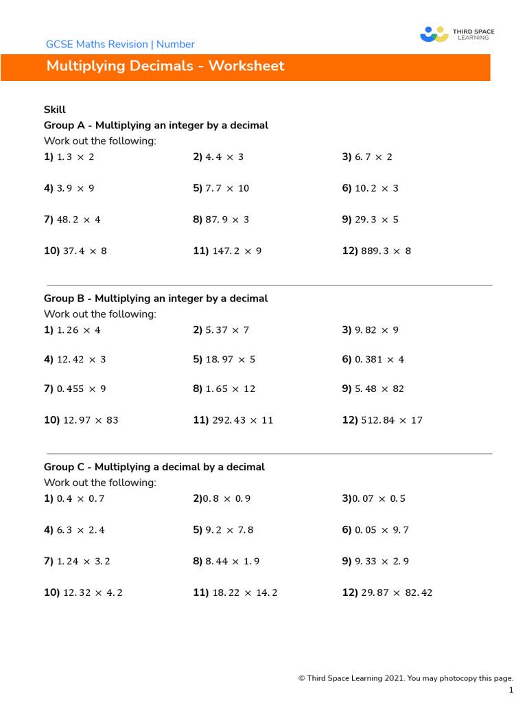 GCSE Maths: Multiplying Decimals Worksheet | PDF | Multiplication