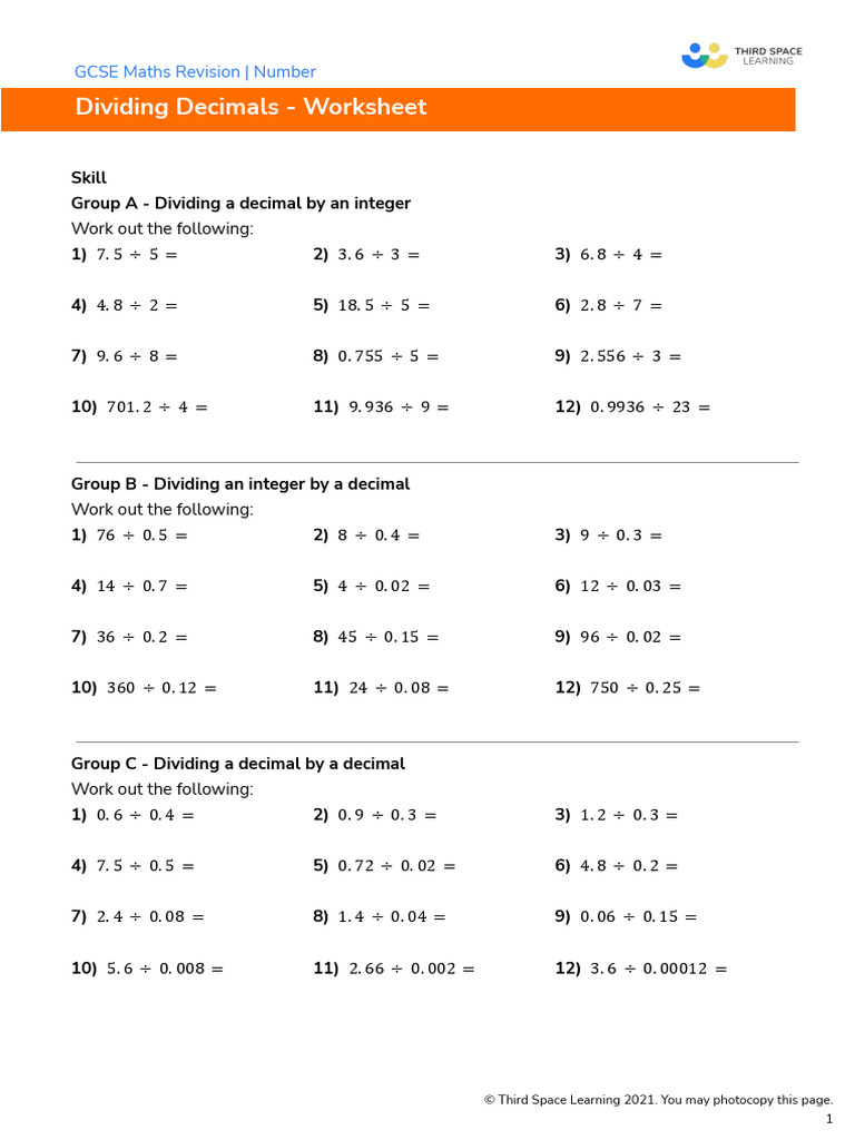 Dividing Decimals Worksheet PDF | PDF