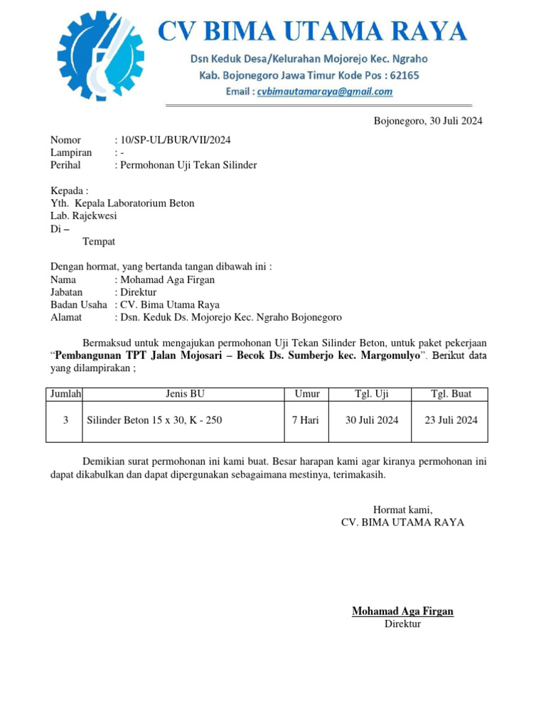 Surat Permohonan Uji Tekan Beton TPT CV BUR | PDF