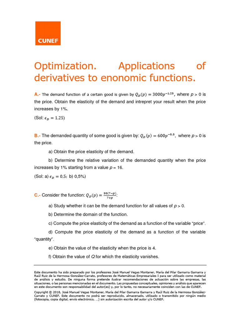 Optimization. Applications of Derivatives To Enonomic Functions | PDF ...