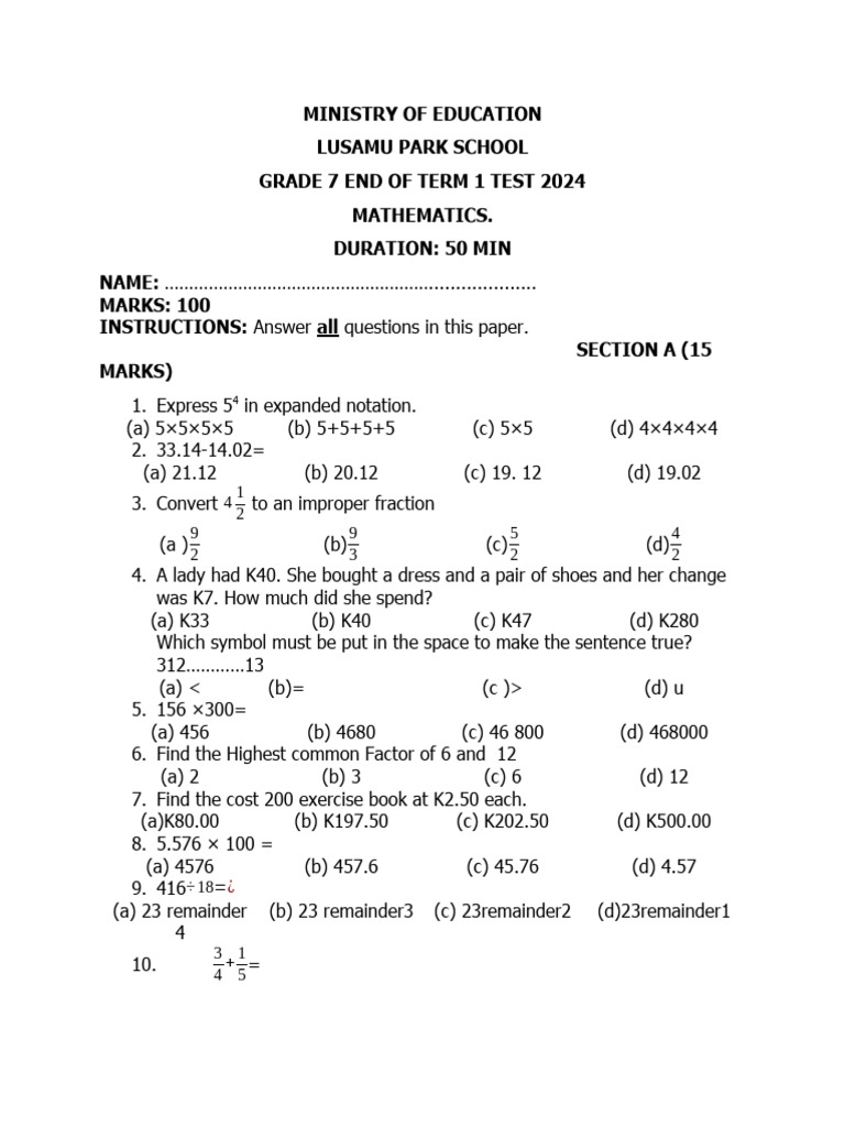 Grade 7 Math Test 2024 | PDF | Mathematics | Arithmetic