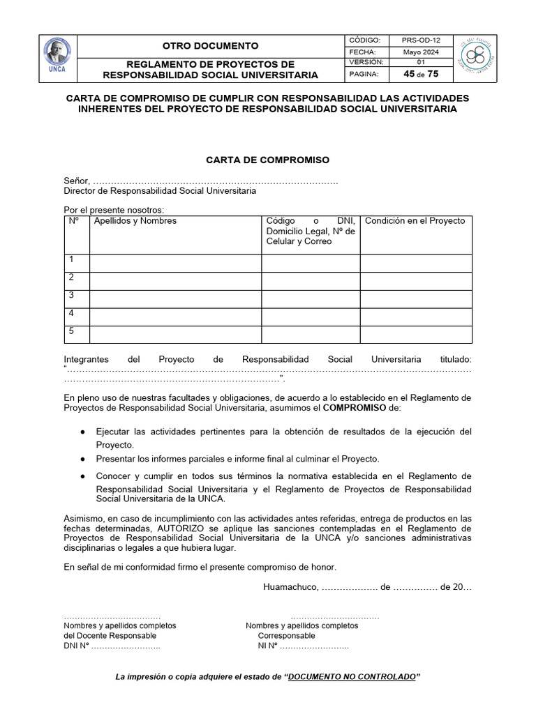 Anexo 3 Carta de Compromiso Reglamento de Proyectos de Rsu 2024 | PDF | Documento de identidad ...
