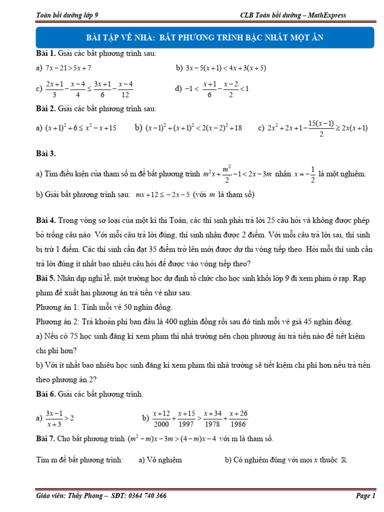 (9.2C1) - BTVN-B7 Bat Phuong Trinh Bac Nhat Mot An | PDF