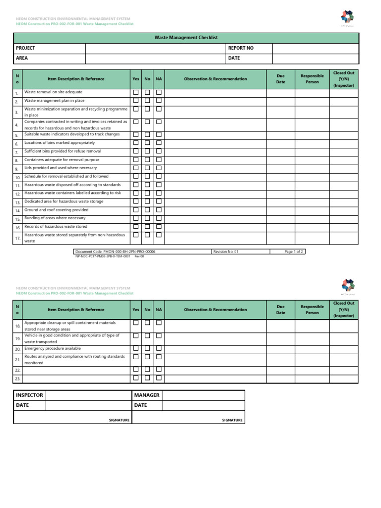 NEOM Waste Management Checklist | PDF | Waste | Waste Management
