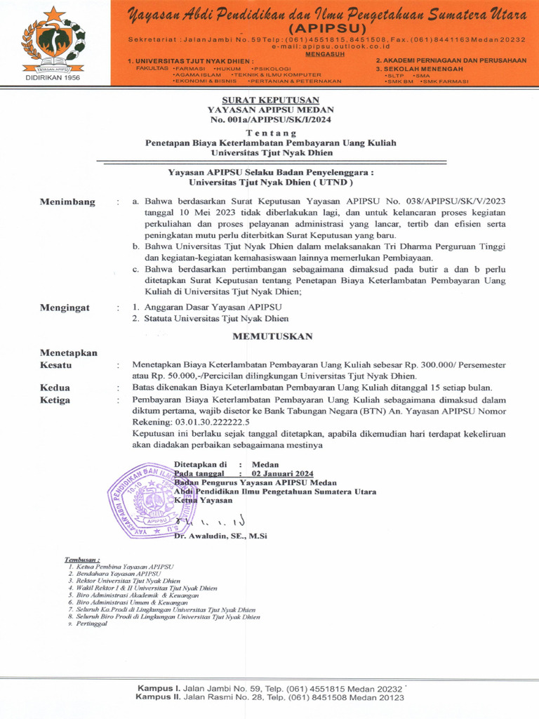 001a-I-2024 - SK Penetapan Keterlambatan Uang Kuliah Utnd (2024 New) | PDF