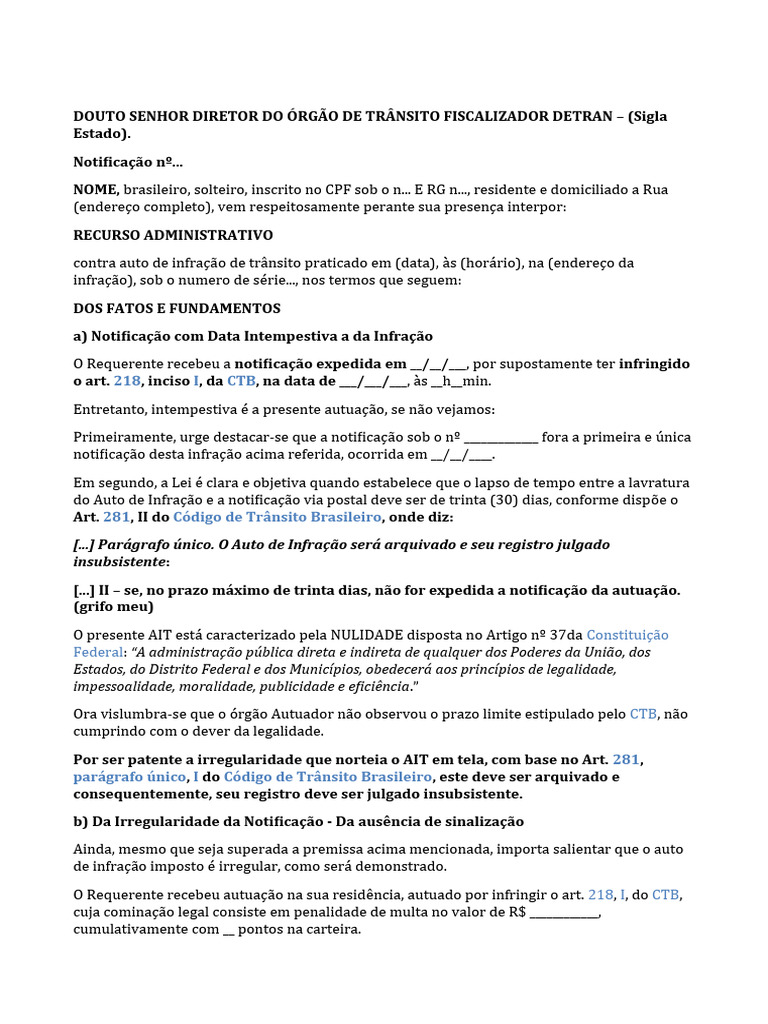 Modelo Recurso de Multa de Transito | PDF | Tráfego | Tempo Modelo Recurso de Multa de Transito | PDF | Tráfego | Tempo