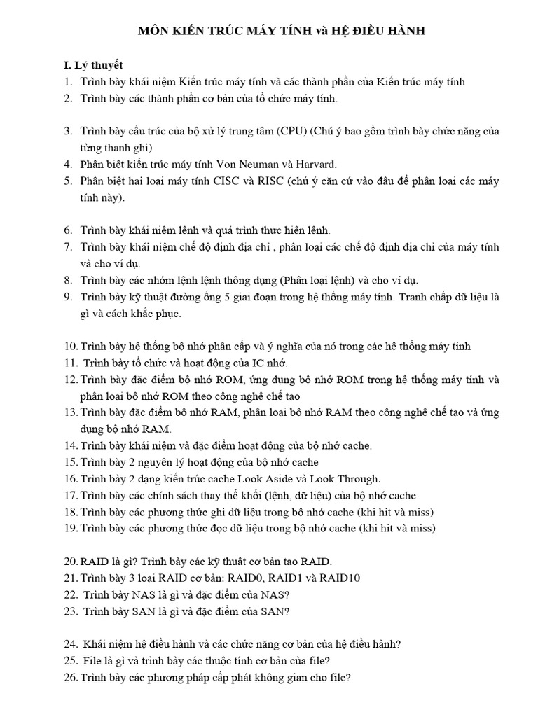 Đề cương rút gọn ôn thi cuối kỳ KTMT & HĐH - 2023 | PDF