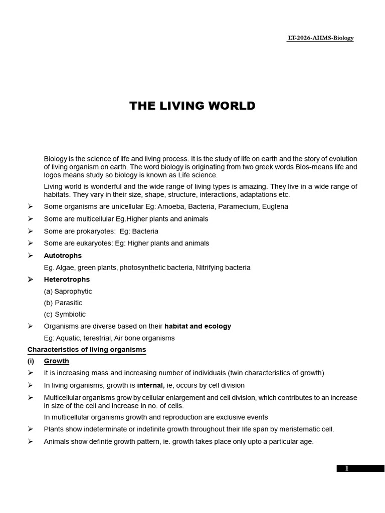 The Living World (Lecture Note) | PDF | Taxonomy (Biology) | Reproduction