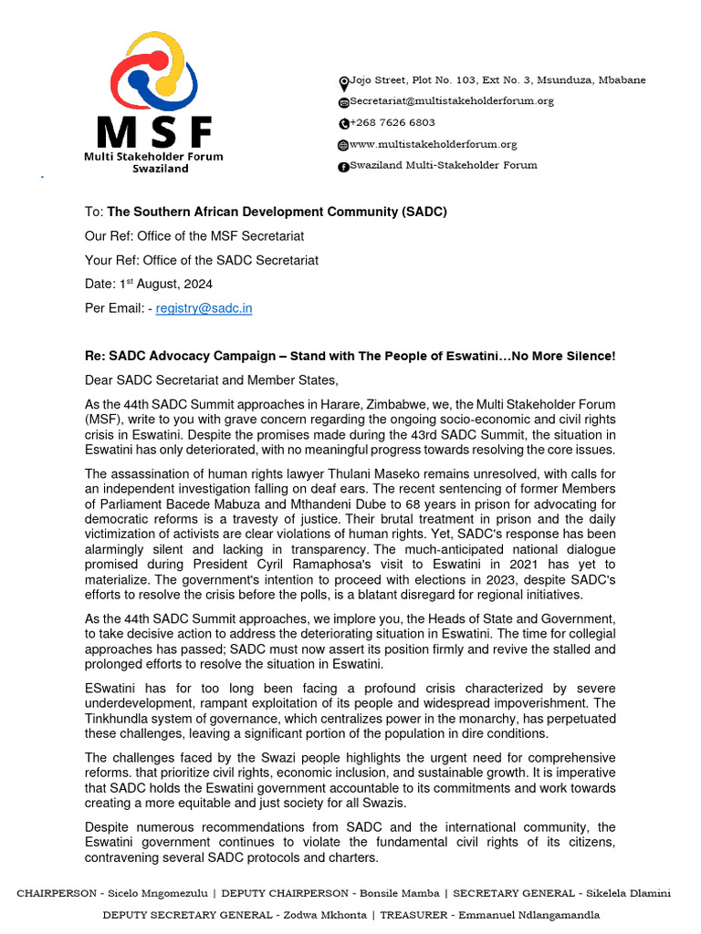 Eswatin SADC Letter - August | PDF | Poverty | Poverty & Homelessness