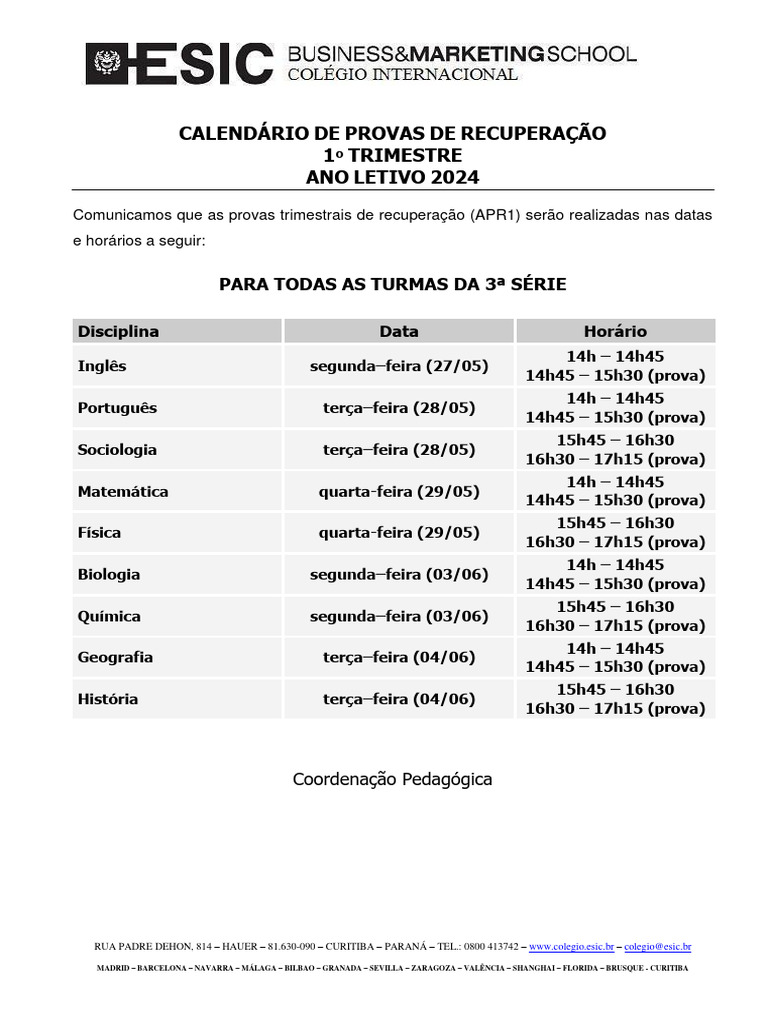 Calendario de Provas de Recuperacao 2022 1o Trim 3a Serie Medio | PDF ...