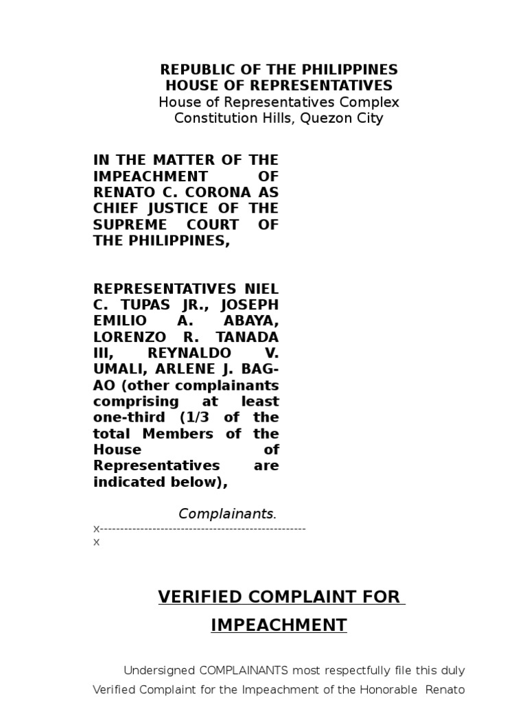 Verified Impeachment Complaint Against Supreme Court Chief Justice Renato Corona | PDF ...