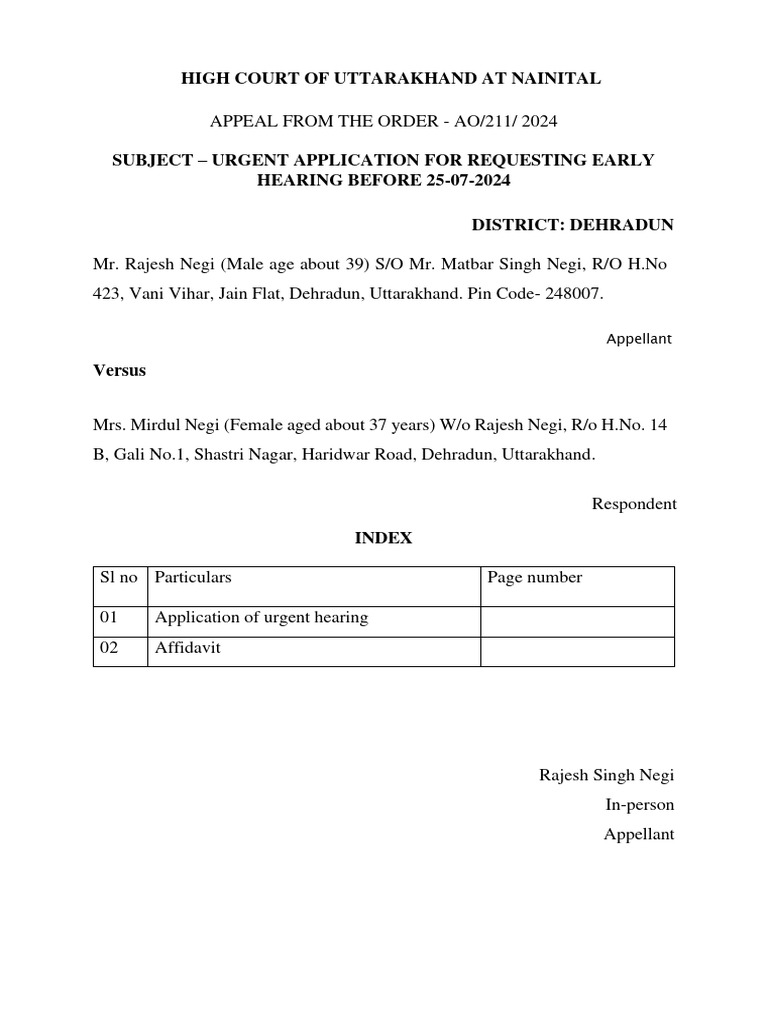 Urgent Hearing Application in High Court | PDF | Affidavit | Appeal
