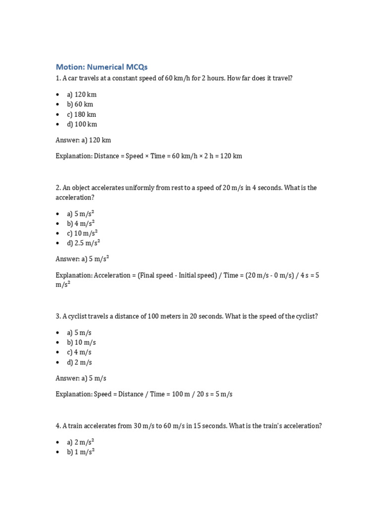Motion_MCQs | PDF | Speed | Acceleration