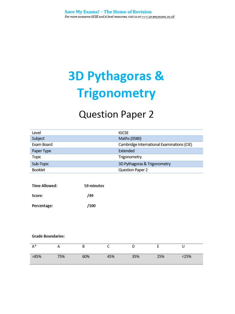 64.2 3d Pythagoras Trigonometry - Cie Igcse Maths 0580-Ext Theory-Qp ...