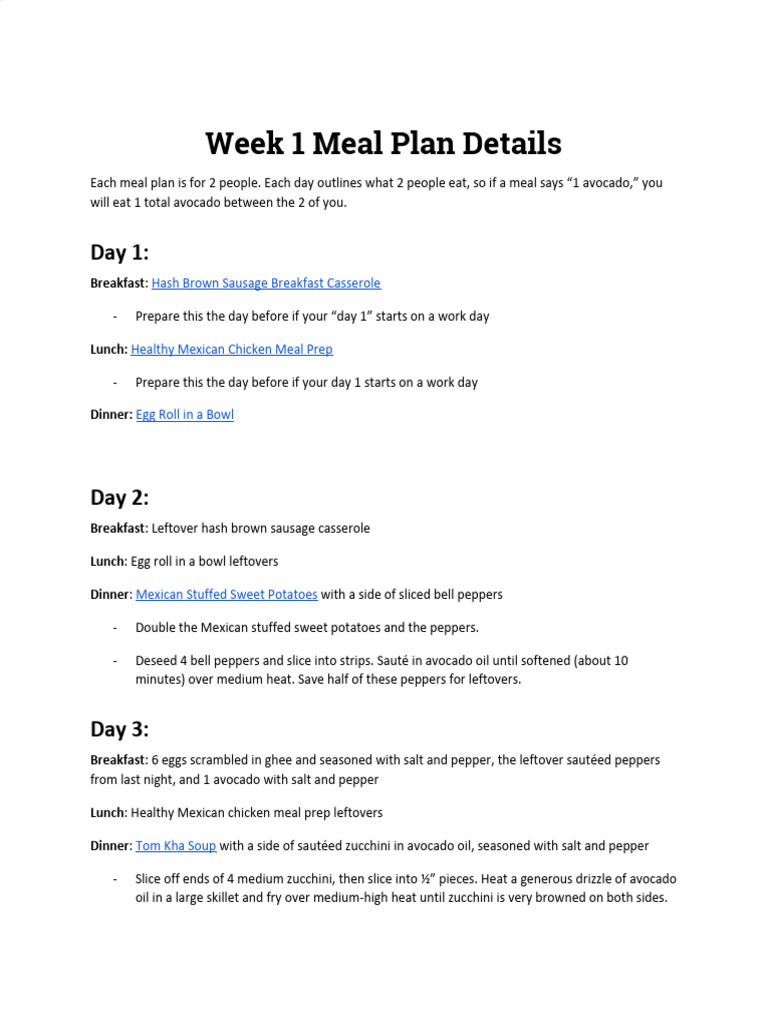 Meals - Week 1 Meal Plan Details | PDF | Salad | Meal