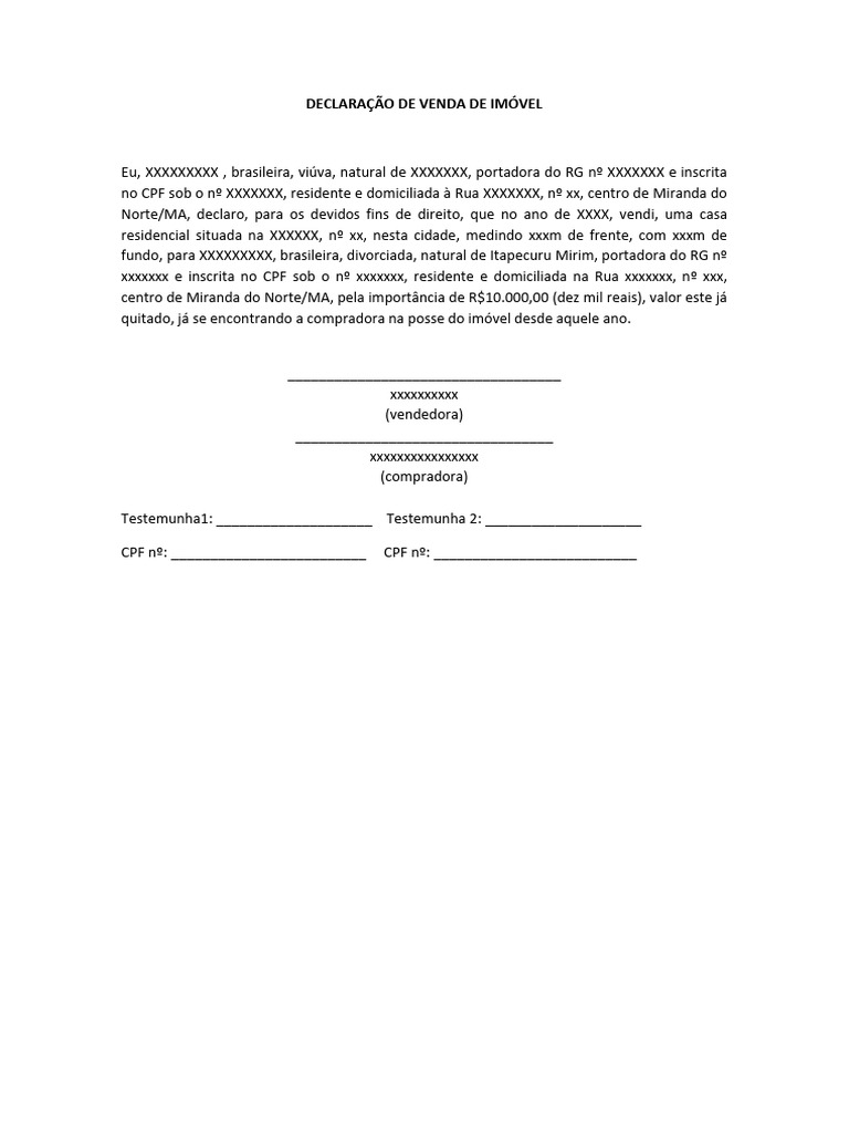 Modelo DECLARAÇÃO DE VENDA DE IMÓVEL | PDF | Direito