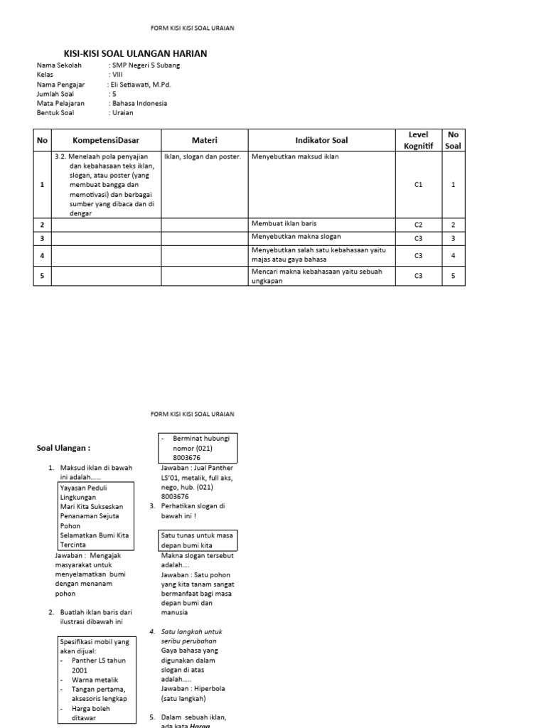 Contoh Format Kisi Kisi Soal | PDF