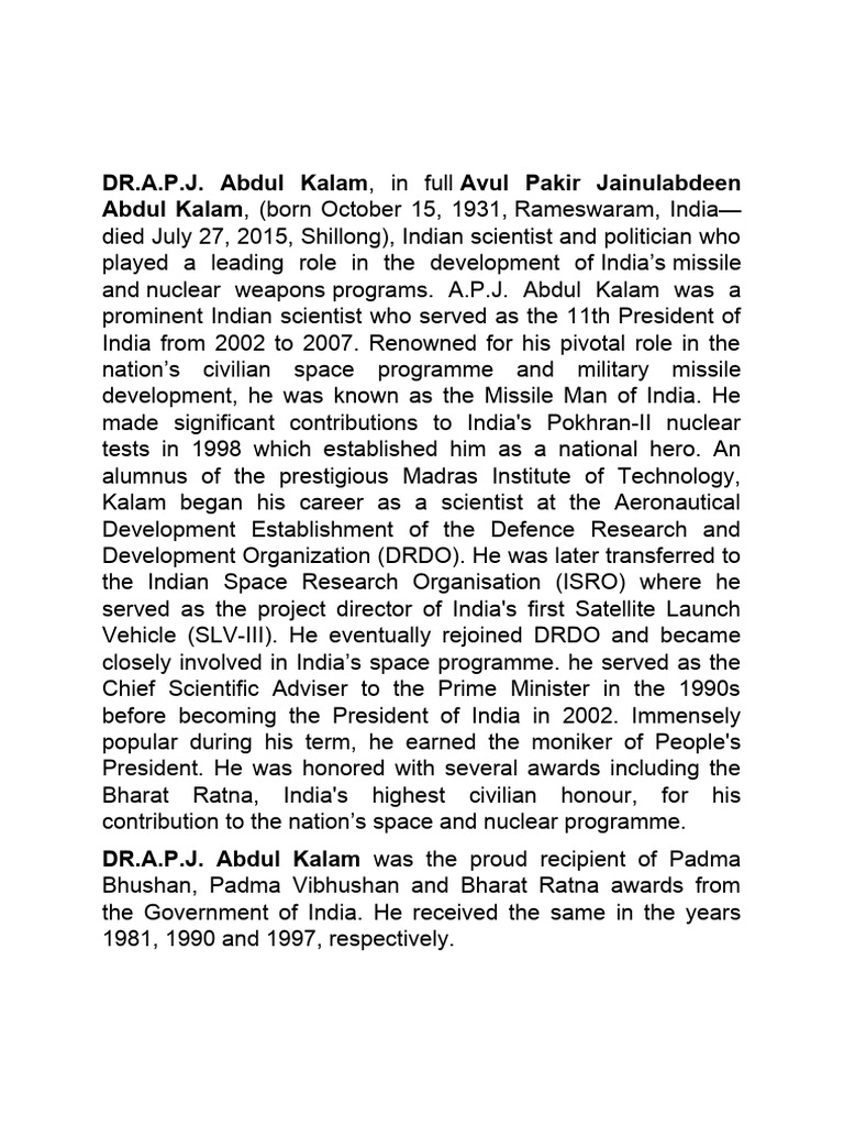 DR.A.P.J. Abdul Kalam, in Full Avul Pakir Jainulabdeen Abdul Kalam ...