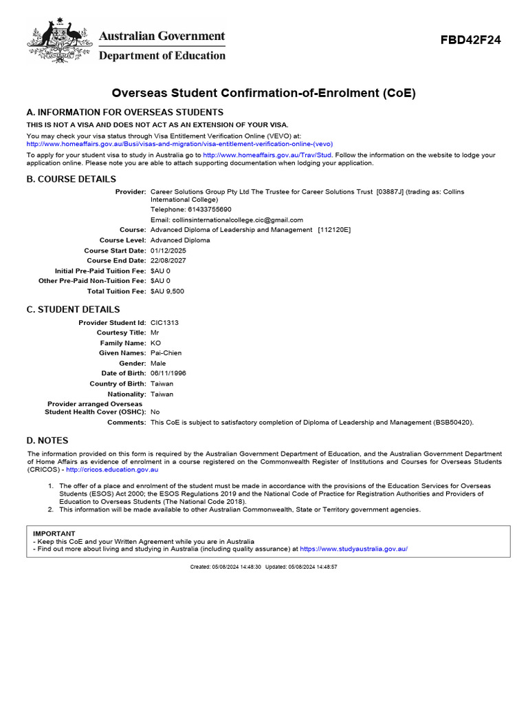 Overseas Student CoE Details | PDF