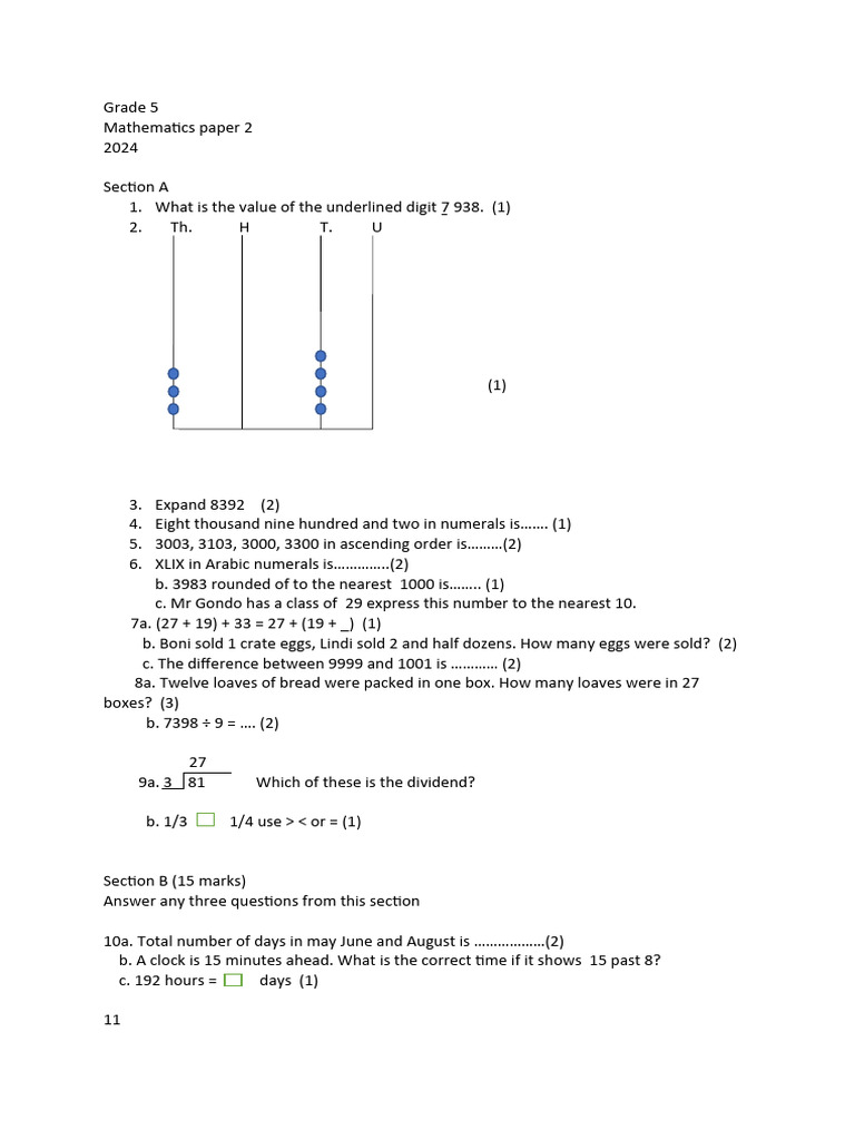 Grade 5 Maths Paper 1 | PDF