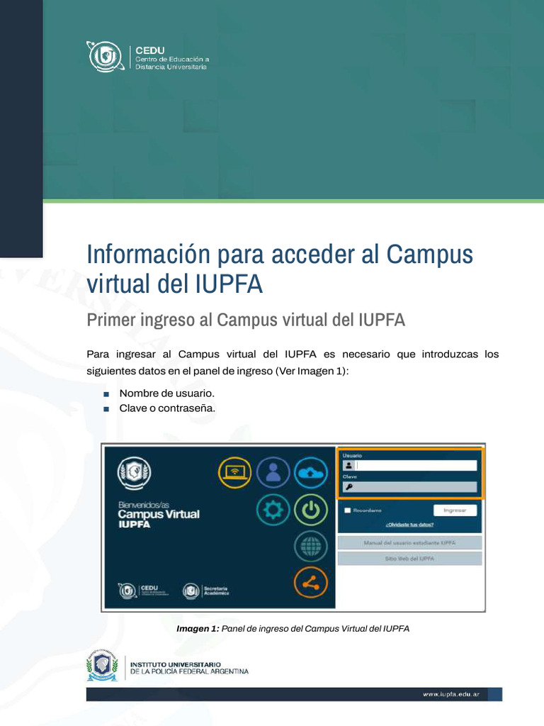 CEDU Informacion para Acceder Al Campus Virtual Del IUPFA 2023 Compressed 3 | PDF | Contraseña ...