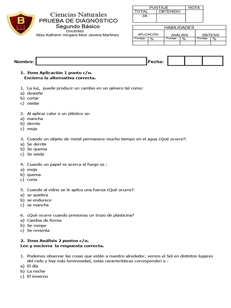 Diagnostico Ciencias Segundo Basico | PDF | Temporada de primavera)