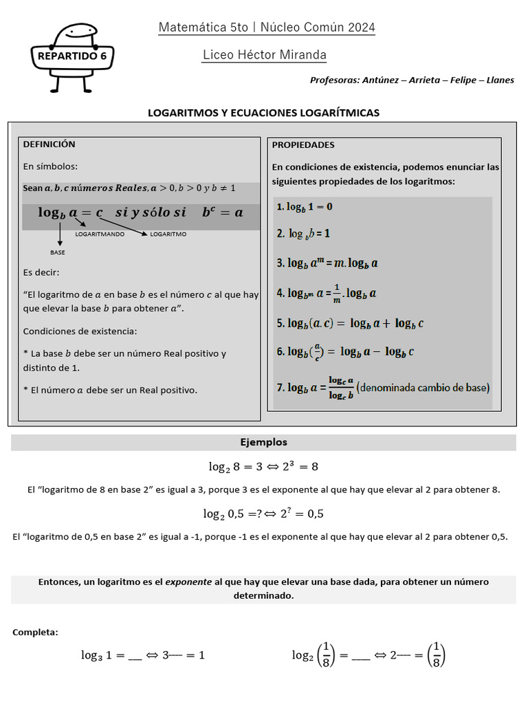 Repartido 6 - Logaritmos y Ecuaciones Logarítmicas | PDF | Logaritmo | Exponenciación