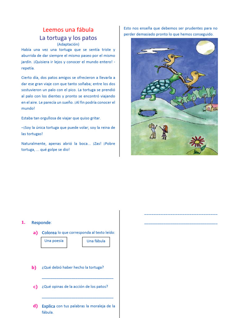Fábula de la tortuga y los patos | PDF