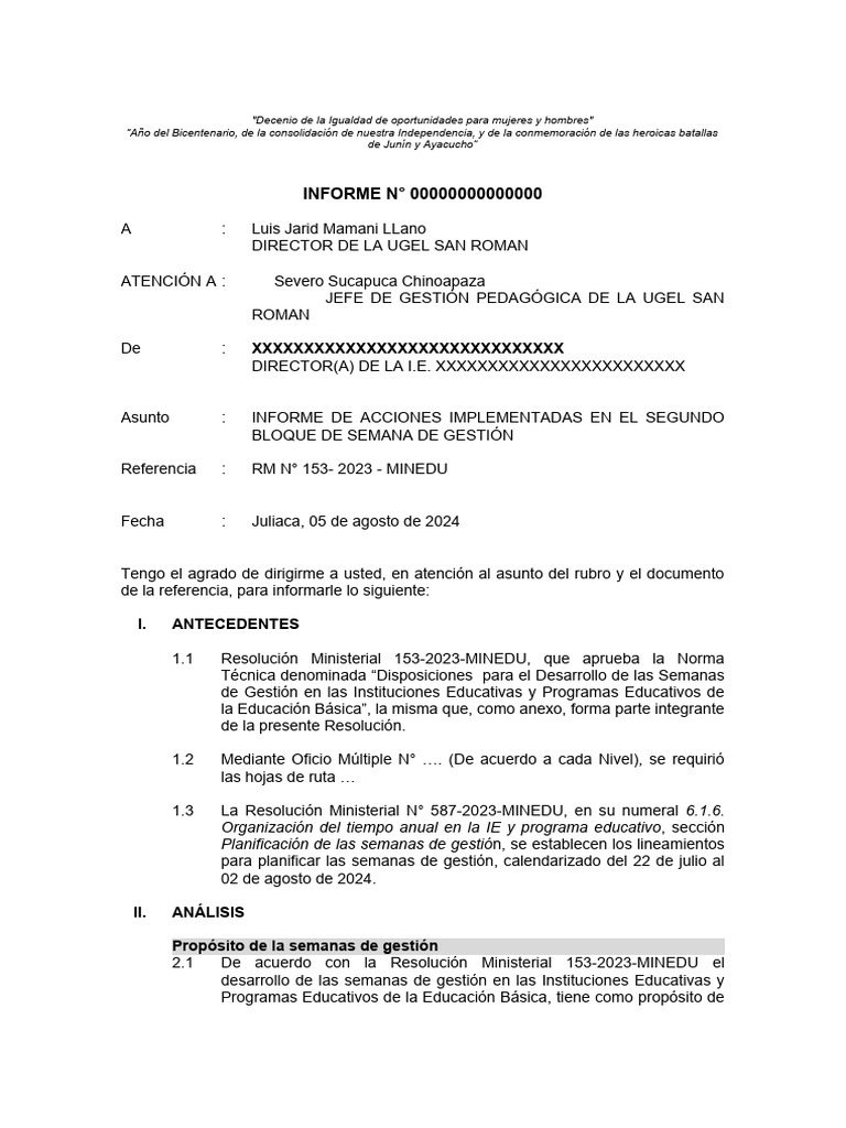 Formato para Informe Semana de Gestión Bloque Intermedio | PDF | Evaluación | Enseñando