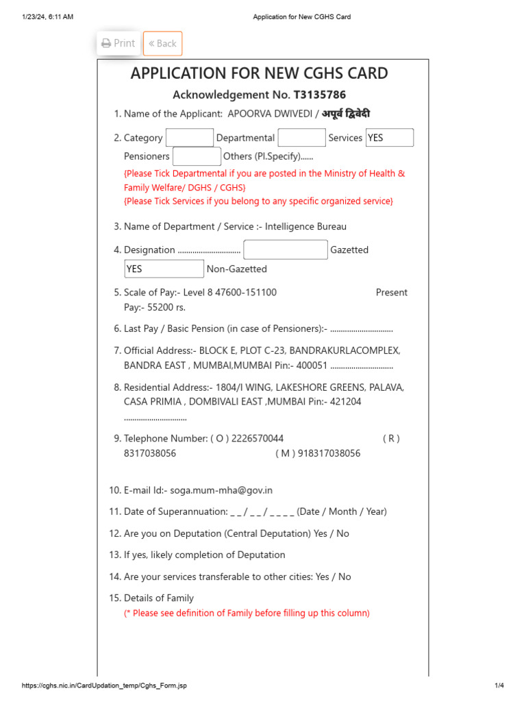 Application For New CGHS Card | PDF | Identity Document