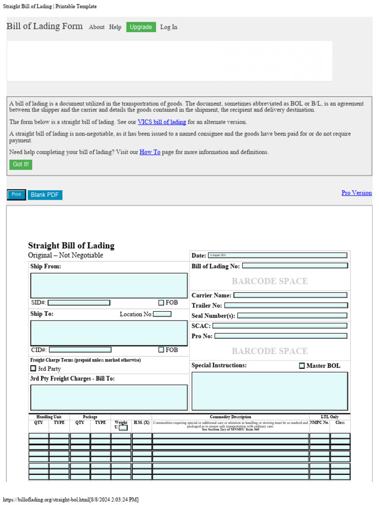Straight Bill of Lading Printable Template | PDF | Cargo | Bill Of Lading
