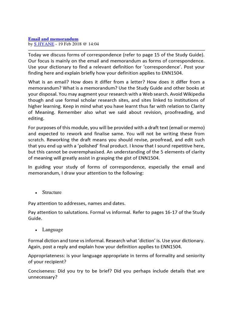 Correspondence Skills for ENN1504 | PDF | Memorandum | Communication