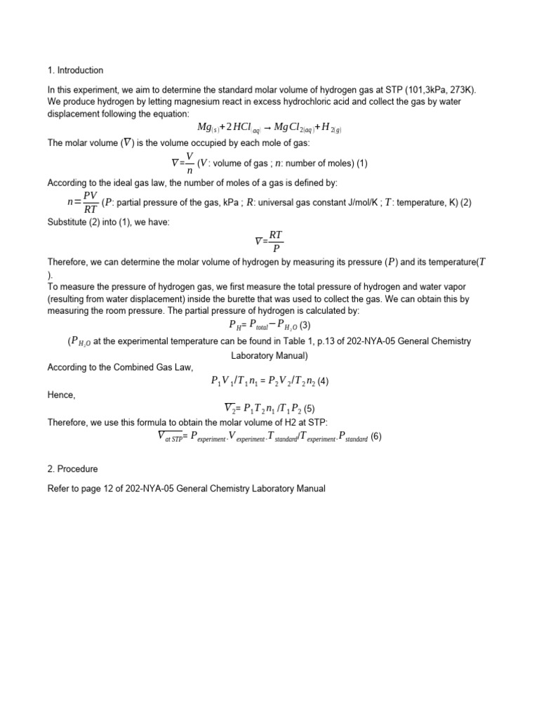 Molar Volume Lab Report | PDF | Gases | Mole (Unit)