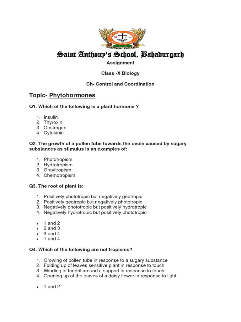 Class X CH - Control and Coordination Assignment | PDF | Neuron | Neuroanatomy