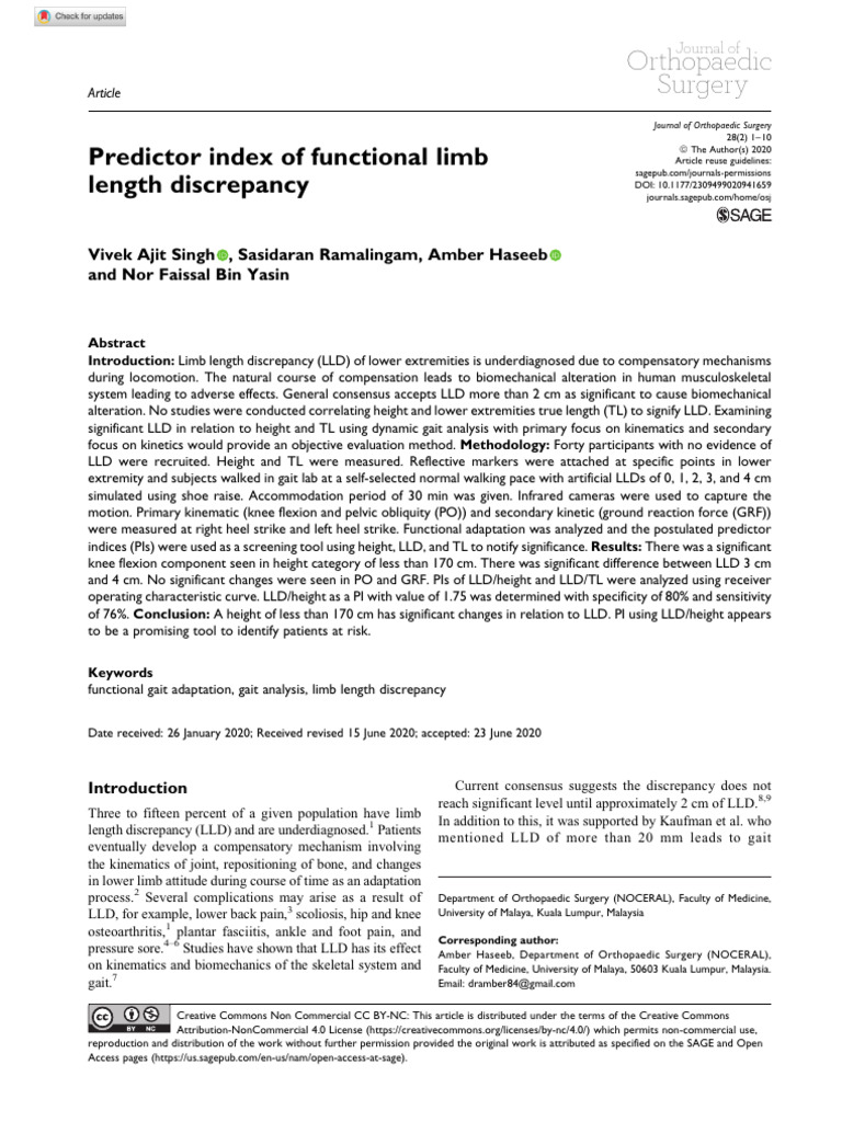 Singh Et Al 2020 Predictor Index of Functional Limb Length Discrepancy ...