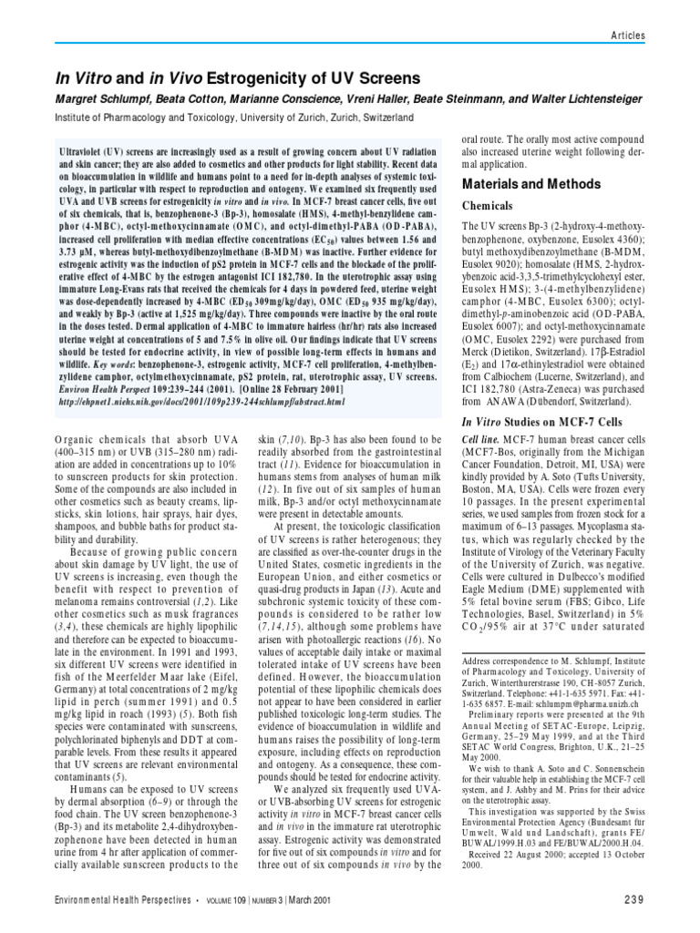 Schlumpf Et Al 2001 in Vitro and in Vivo Estrogenicity of Uv Screens | PDF | Ultraviolet | Cosmetics