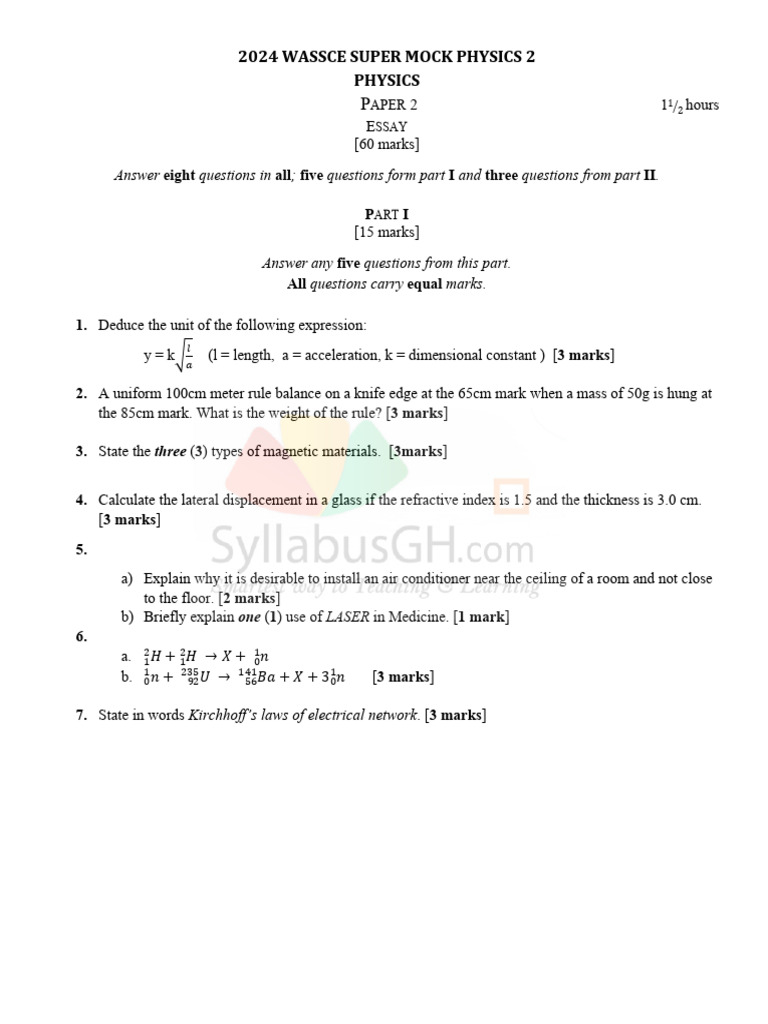 2024 WASSCE Super Mock Physics 2 | PDF | Waves | Photoelectric Effect