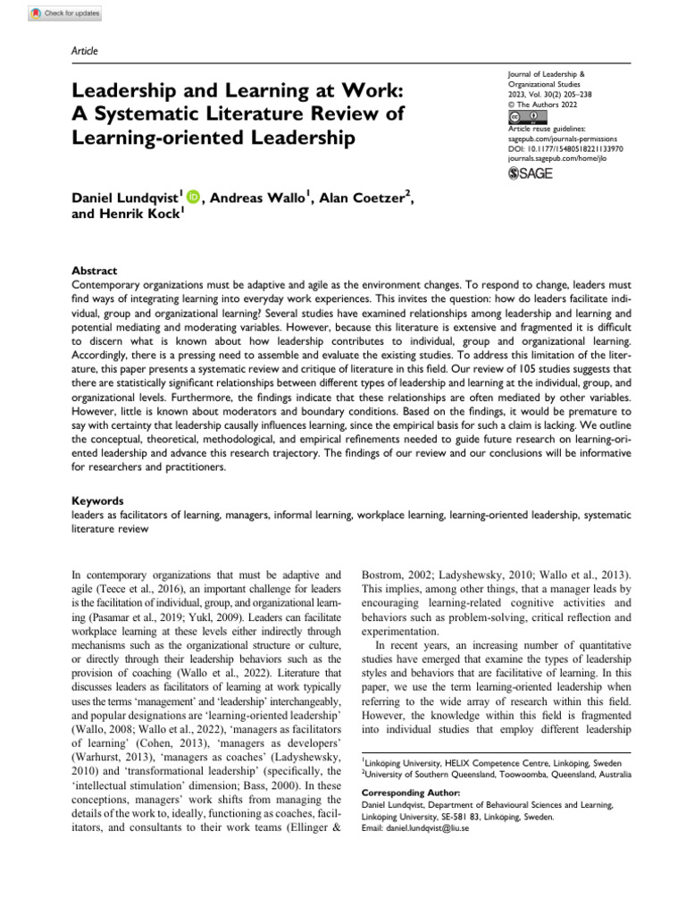 2022 - Leadership and Learning at Work - A Systematic Literature Review ...