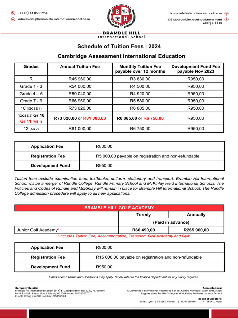 2024 BRAMBLE HILL Tuition Fee One Pager | PDF | Educational Stages
