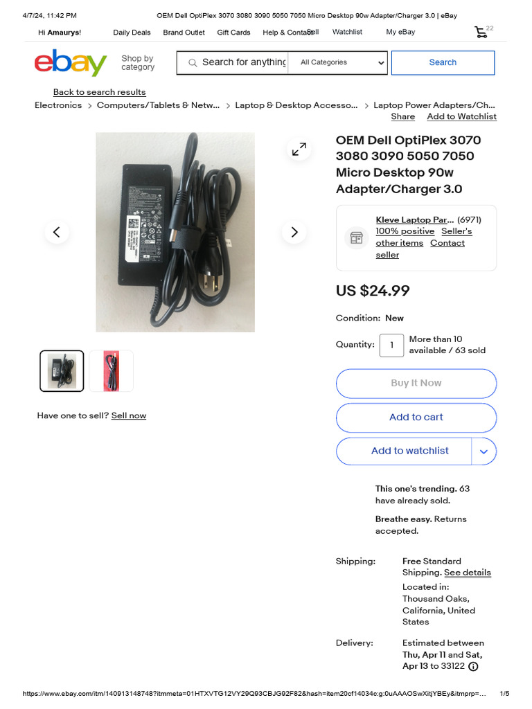 OEM Dell OptiPlex 3070 3080 3090 5050 7050 Micro Desktop 90w Adapter ...