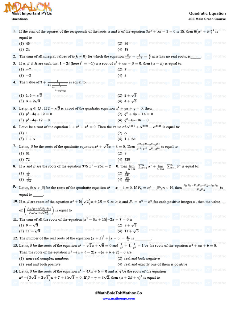 24 Qs - Most Important PYQs @IndAlok | PDF | Zero Of A Function | Equations