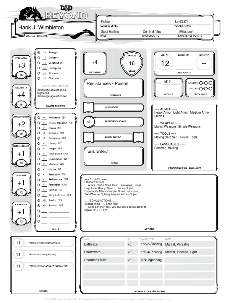 Hank J. Wimbleton D&D Character Sheet | PDF | Role Playing Games | Role ...