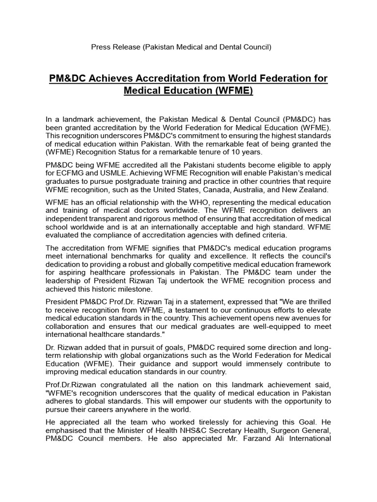 PMDC Gets Accreditation | PDF | Medical Education | Regulatory Compliance
